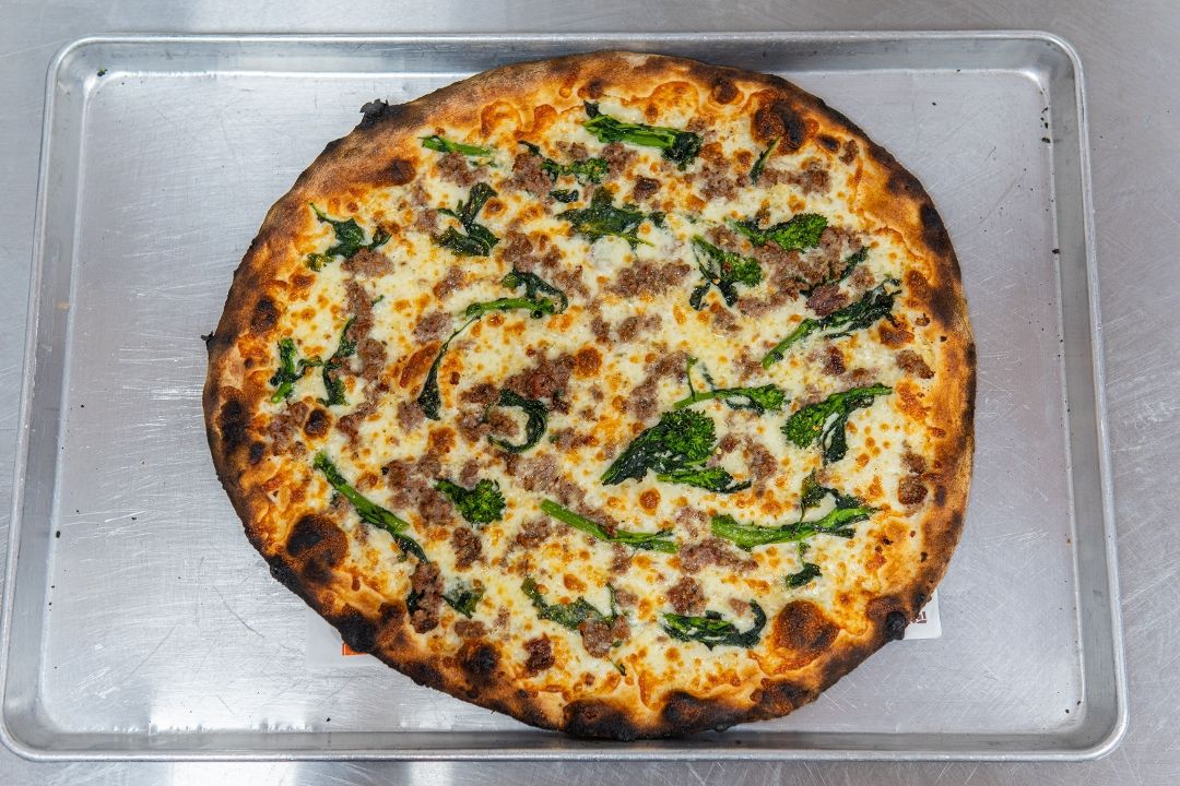 Large White Broccoli Rabe & Sausage Pizza | Ah-Beetz New Haven Pizza