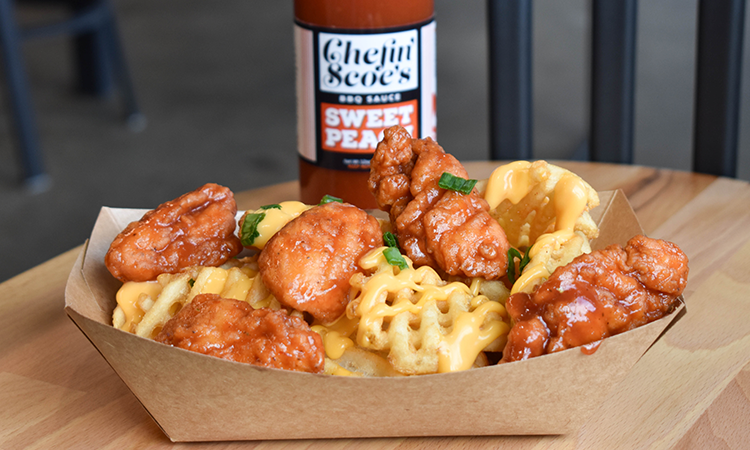 Sweet Peach BBQ Chicken and Waffle Fries | OX-B's