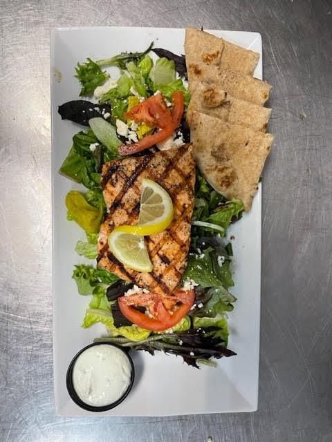 Mediterranean Salad - Grilled Salmon | Papouli's Greek Grill Restaurants