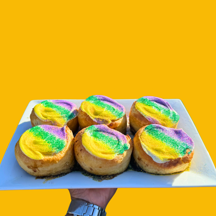 Mardi Gras King Cake Cinnamon Roll | Cranky Granny's Sweet Rolls