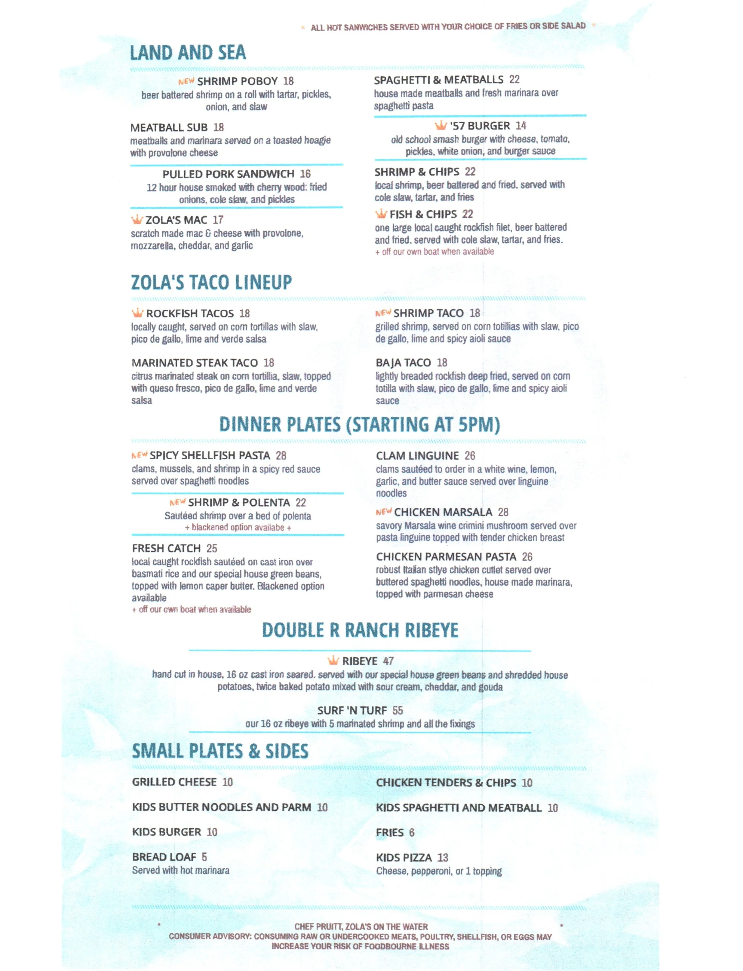 Zolas On The Water - View Printed Menu